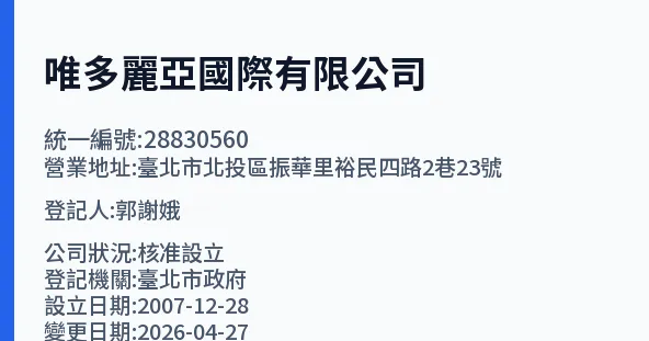 唯多麗亞國際有限公司的照片-統編 28830560(臺北市) 公司登記資料與營業項目詳細圖表