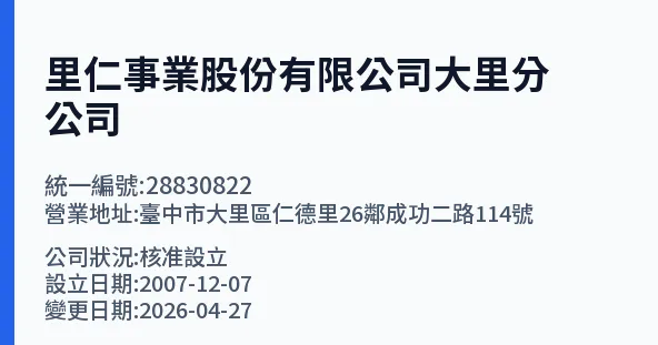 里仁事業股份有限公司大里分公司的照片-統編 28830822(臺中市) 公司登記資料與營業項目詳細圖表