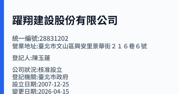 躍翔建設股份有限公司的照片-統編 28831202(臺北市) 公司登記資料與營業項目詳細圖表