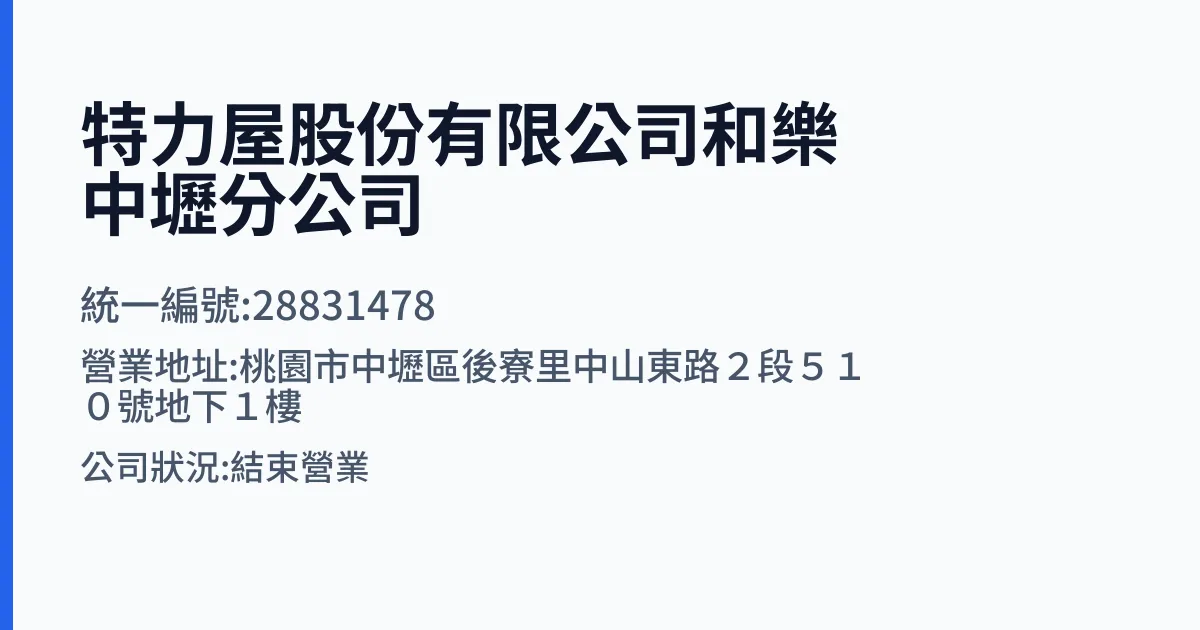 特力屋股份有限公司和樂中壢分公司 - 統編 28831478(桃園市) 公司登記資料與營業項目詳細圖表