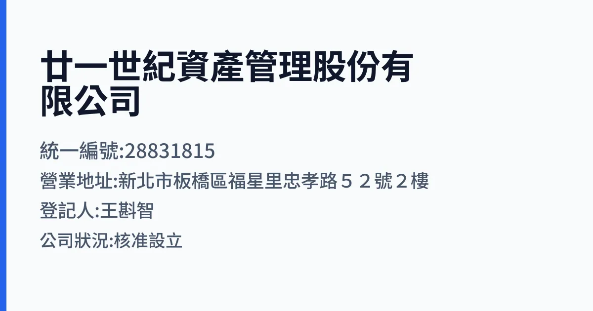廿一世紀資產管理股份有限公司 - 統編 28831815(桃園市) 公司登記資料與營業項目詳細圖表