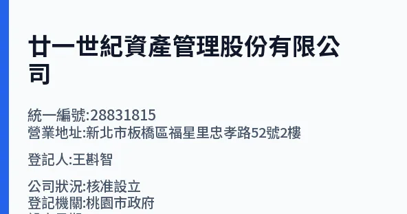 廿一世紀資產管理股份有限公司的照片-統編 28831815(新北市) 公司登記資料與營業項目詳細圖表