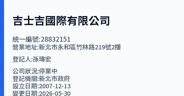 吉士吉國際有限公司的照片-統編 28832151(新北市) 公司登記資料與營業項目詳細圖表