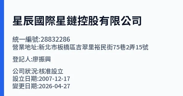 星辰國際星鏈控股有限公司的照片-統編 28832286(新北市) 公司登記資料與營業項目詳細圖表