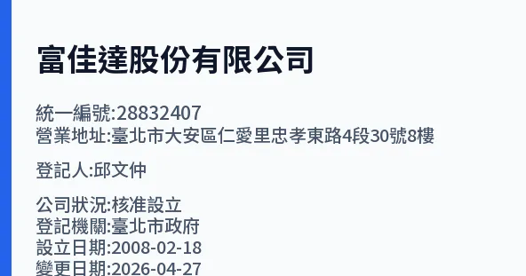 富佳達股份有限公司的照片-統編 28832407(臺北市) 公司登記資料與營業項目詳細圖表