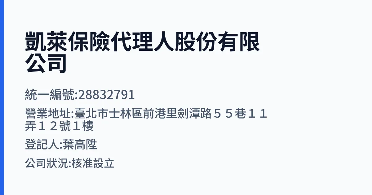凱萊保險代理人股份有限公司 - 統編 28832791(臺北市) 公司登記資料與營業項目詳細圖表