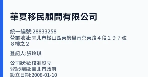 華夏移民顧問有限公司的照片-統編 28833258(臺北市) 公司登記資料與營業項目詳細圖表