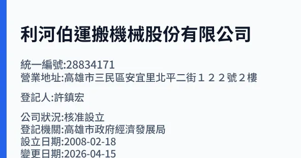 利河伯運搬機械股份有限公司的照片-統編 28834171(高雄市) 公司登記資料與營業項目詳細圖表