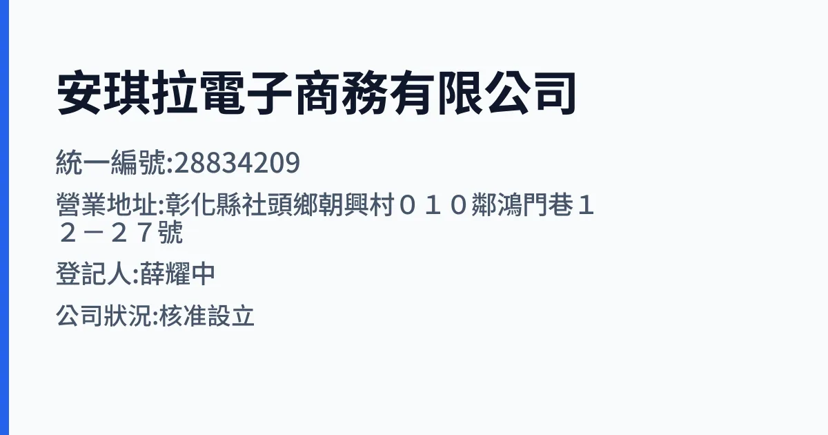 安琪拉電子商務有限公司 - 統編 28834209(臺北市) 公司登記資料與營業項目詳細圖表