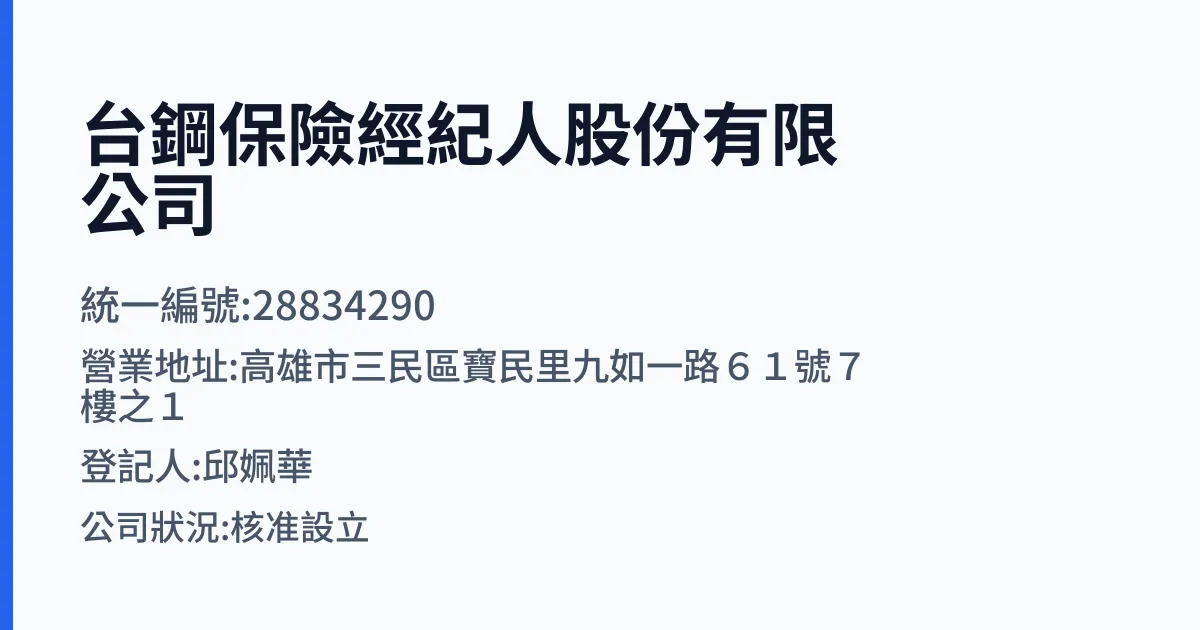 台鋼保險經紀人股份有限公司 - 統編 28834290(高雄市) 公司登記資料與營業項目詳細圖表