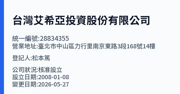 台灣艾希亞投資股份有限公司的照片-統編 28834355(臺北市) 公司登記資料與營業項目詳細圖表