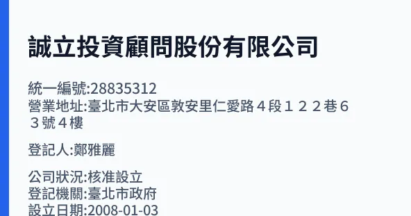 誠立投資顧問股份有限公司的照片-統編 28835312(臺北市) 公司登記資料與營業項目詳細圖表
