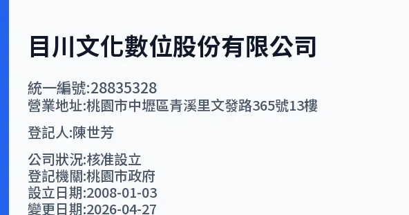 目川文化數位股份有限公司的照片-統編 28835328(桃園市) 公司登記資料與營業項目詳細圖表