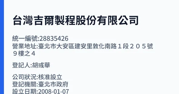 台灣吉爾製程股份有限公司的照片-統編 28835426(臺北市) 公司登記資料與營業項目詳細圖表