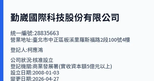 勤崴國際科技股份有限公司的照片-統編 28835663(臺北市) 公司登記資料與營業項目詳細圖表
