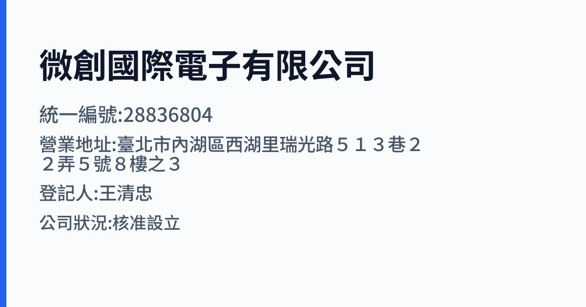 微創國際電子有限公司 - 統編 28836804(臺北市) 公司登記資料與營業項目詳細圖表