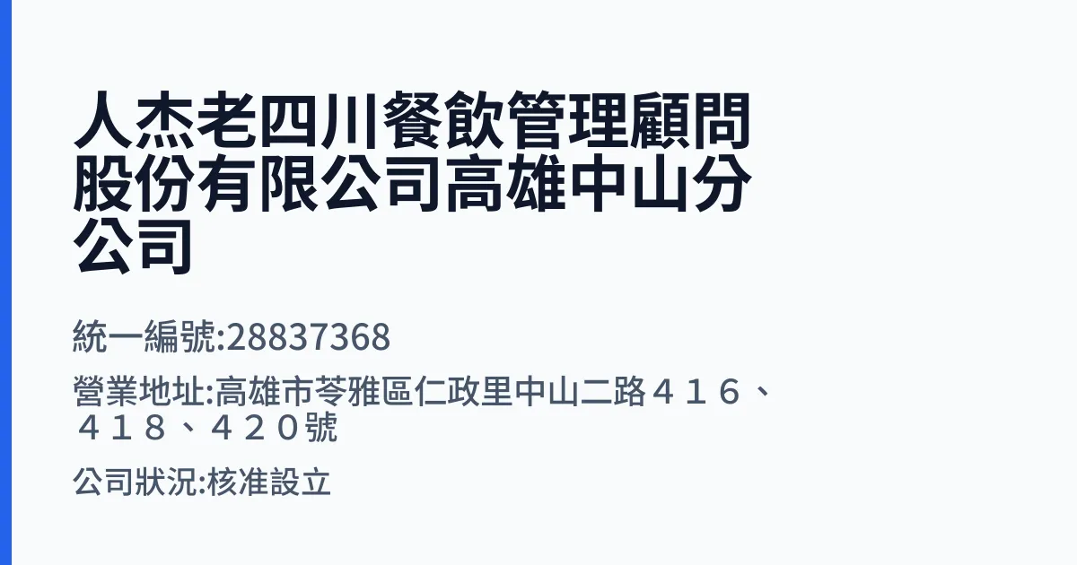 人杰老四川餐飲管理顧問股份有限公司高雄中山分公司 - 統編 28837368(高雄市) 公司登記資料與營業項目詳細圖表