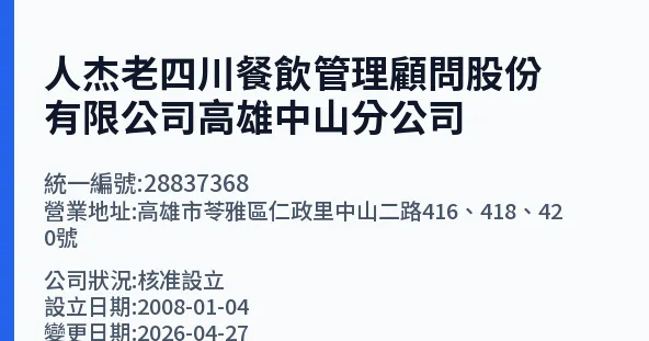 人杰老四川餐飲管理顧問股份有限公司高雄中山分公司的照片-統編 28837368(高雄市) 公司登記資料與營業項目詳細圖表