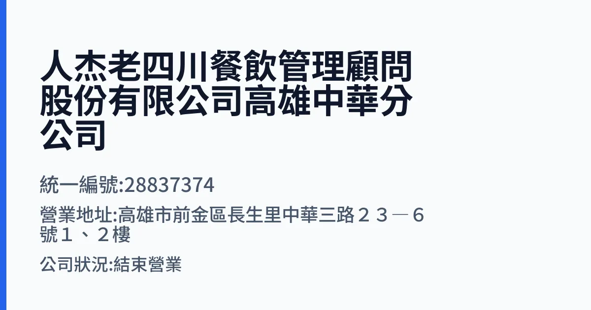 人杰老四川餐飲管理顧問股份有限公司高雄中華分公司 - 統編 28837374(高雄市) 公司登記資料與營業項目詳細圖表