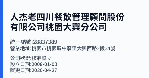 人杰老四川餐飲管理顧問股份有限公司桃園大興分公司的照片-統編 28837389(桃園市) 公司登記資料與營業項目詳細圖表
