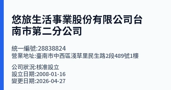 悠旅生活事業股份有限公司台南市第二分公司的照片-統編 28838824(臺南市) 公司登記資料與營業項目詳細圖表