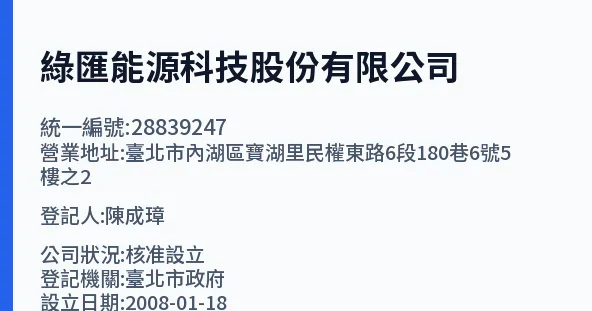 綠匯能源科技股份有限公司的照片-統編 28839247(臺北市) 公司登記資料與營業項目詳細圖表