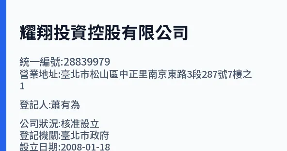 耀翔投資控股有限公司的照片-統編 28839979(臺北市) 公司登記資料與營業項目詳細圖表