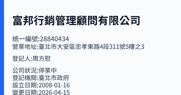 富邦行銷管理顧問有限公司的照片-統編 28840434(臺北市) 公司登記資料與營業項目詳細圖表