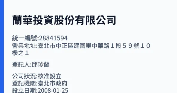 蘭華投資股份有限公司的照片-統編 28841594(臺北市) 公司登記資料與營業項目詳細圖表