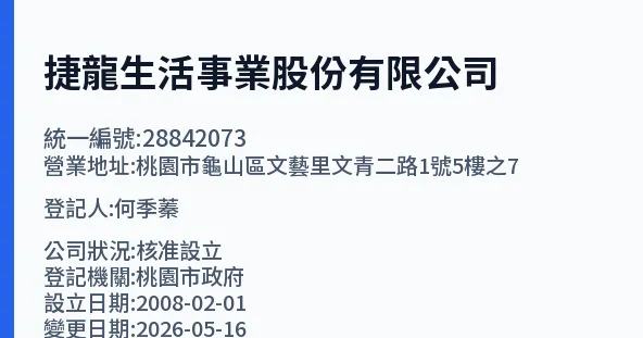 捷龍生活事業股份有限公司的照片-統編 28842073(桃園市) 公司登記資料與營業項目詳細圖表