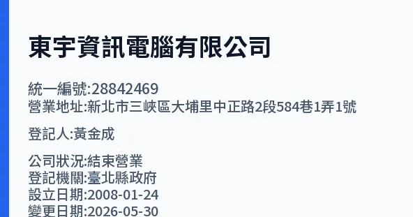 東宇資訊電腦有限公司的照片-統編 28842469(新北市) 公司登記資料與營業項目詳細圖表