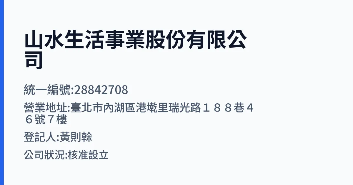 山水生活事業股份有限公司 - 統編 28842708(臺北市) 公司登記資料與營業項目詳細圖表