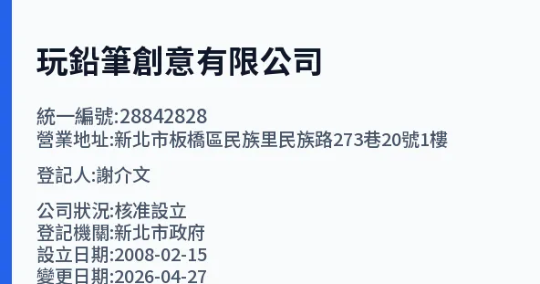 玩鉛筆創意有限公司的照片-統編 28842828(新北市) 公司登記資料與營業項目詳細圖表
