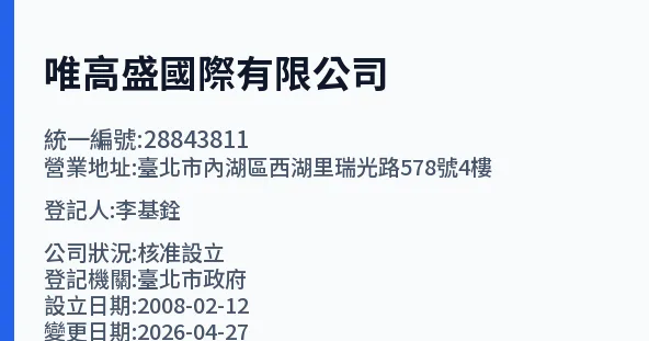 唯高盛國際有限公司的照片-統編 28843811(臺北市) 公司登記資料與營業項目詳細圖表