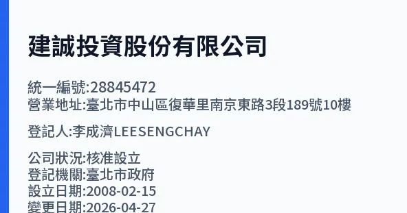 建誠投資股份有限公司的照片-統編 28845472(臺北市) 公司登記資料與營業項目詳細圖表
