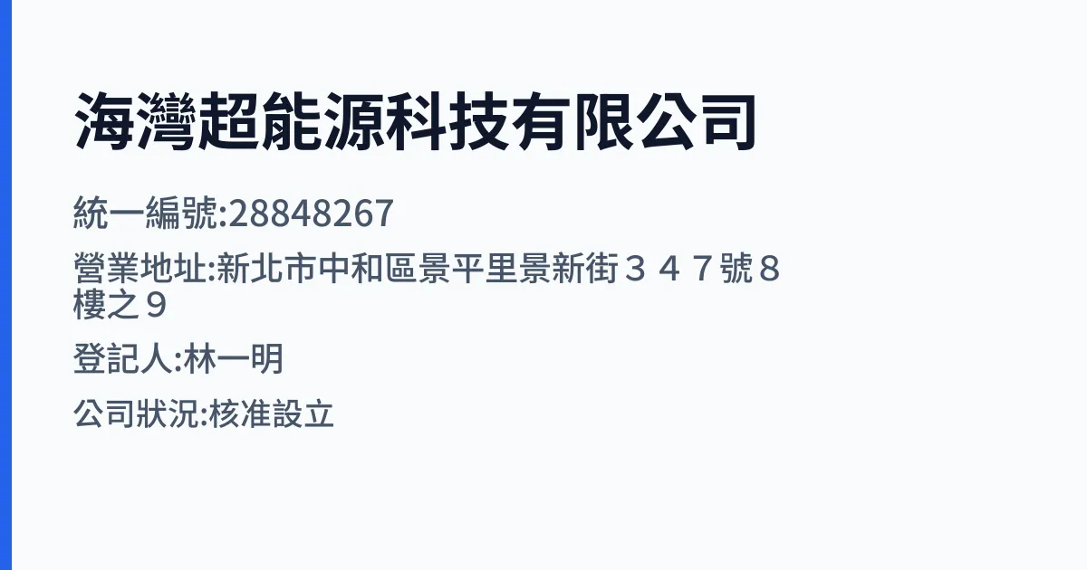 海灣超能源科技有限公司 - 統編 28848267(新北市) 公司登記資料與營業項目詳細圖表