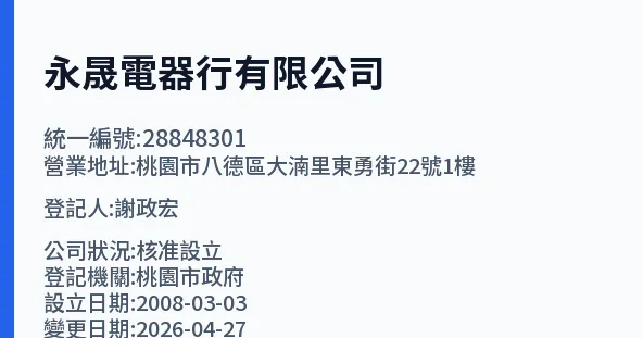 永晟電器行有限公司的照片-統編 28848301(桃園市) 公司登記資料與營業項目詳細圖表