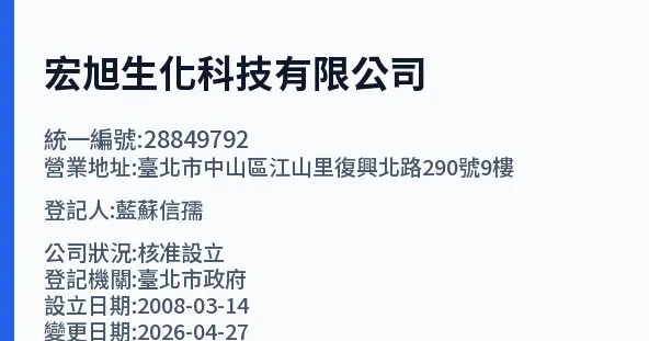 宏旭生化科技有限公司的照片-統編 28849792(臺北市) 公司登記資料與營業項目詳細圖表