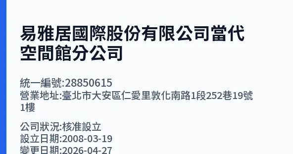 易雅居國際股份有限公司當代空間館分公司的照片-統編 28850615(臺北市) 公司登記資料與營業項目詳細圖表