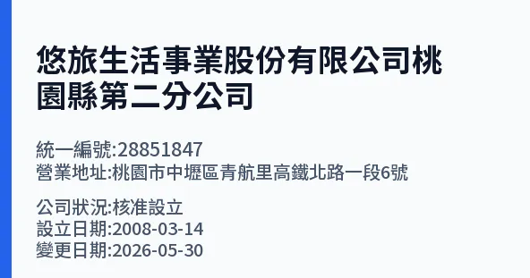 悠旅生活事業股份有限公司桃園縣第二分公司的照片-統編 28851847(桃園市) 公司登記資料與營業項目詳細圖表