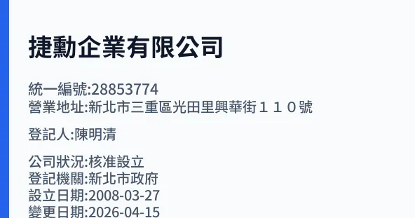 捷勳企業有限公司的照片-統編 28853774(新北市) 公司登記資料與營業項目詳細圖表
