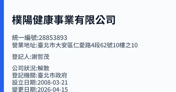 樸陽健康事業有限公司的照片-統編 28853893(臺北市) 公司登記資料與營業項目詳細圖表