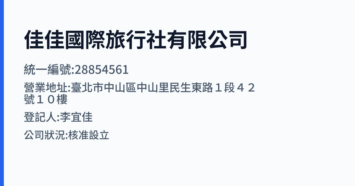 佳佳國際旅行社有限公司 - 統編 28854561(臺北市) 公司登記資料與營業項目詳細圖表