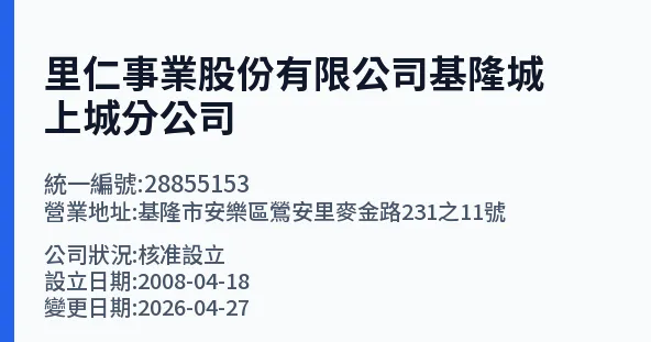 里仁事業股份有限公司基隆城上城分公司的照片-統編 28855153(基隆市) 公司登記資料與營業項目詳細圖表