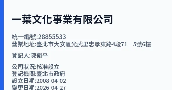 一葉文化事業有限公司的照片-統編 28855533(臺北市) 公司登記資料與營業項目詳細圖表