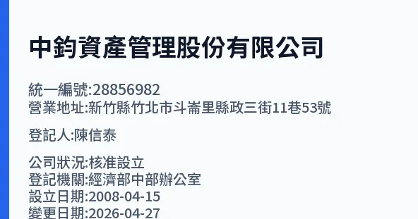 中鈞資產管理股份有限公司的照片-統編 28856982(新竹縣) 公司登記資料與營業項目詳細圖表