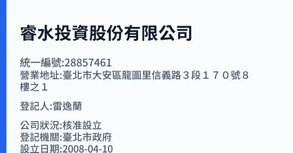 睿水投資股份有限公司的照片-統編 28857461(臺北市) 公司登記資料與營業項目詳細圖表