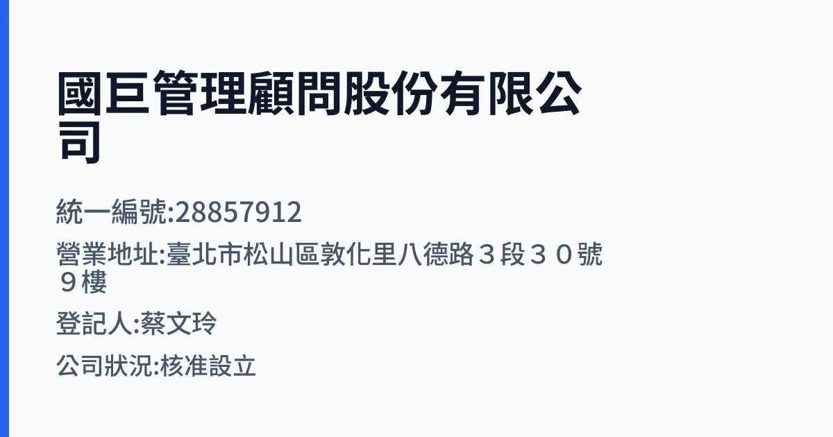 國巨管理顧問股份有限公司 - 統編 28857912(臺北市) 公司登記資料與營業項目詳細圖表