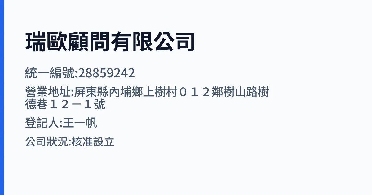 瑞歐顧問有限公司 - 統編 28859242（屏東縣） 公司登記資料與營業項目詳細圖表