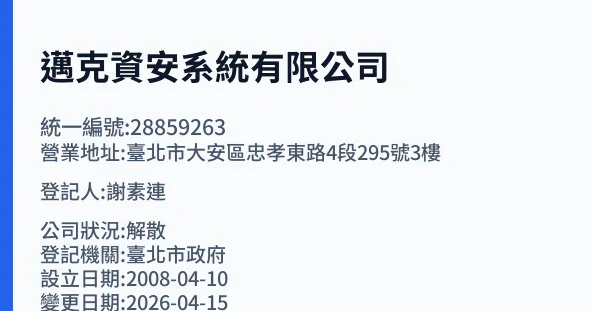邁克資安系統有限公司的照片-統編 28859263(臺北市) 公司登記資料與營業項目詳細圖表